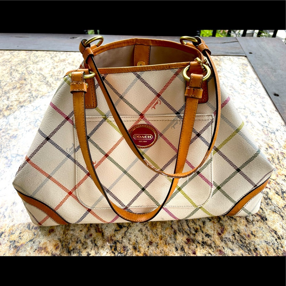 Coach Cream Canvas Handbag With Multicolor Accents - Gem